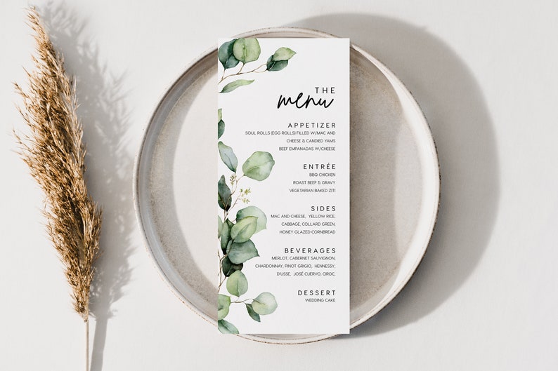 Modern Menu Template Wedding Menu Cards Greenery Wedding - Etsy
