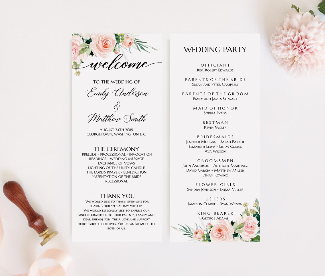 Editable Wedding Ceremony Program Template With Pink and Blush | Etsy