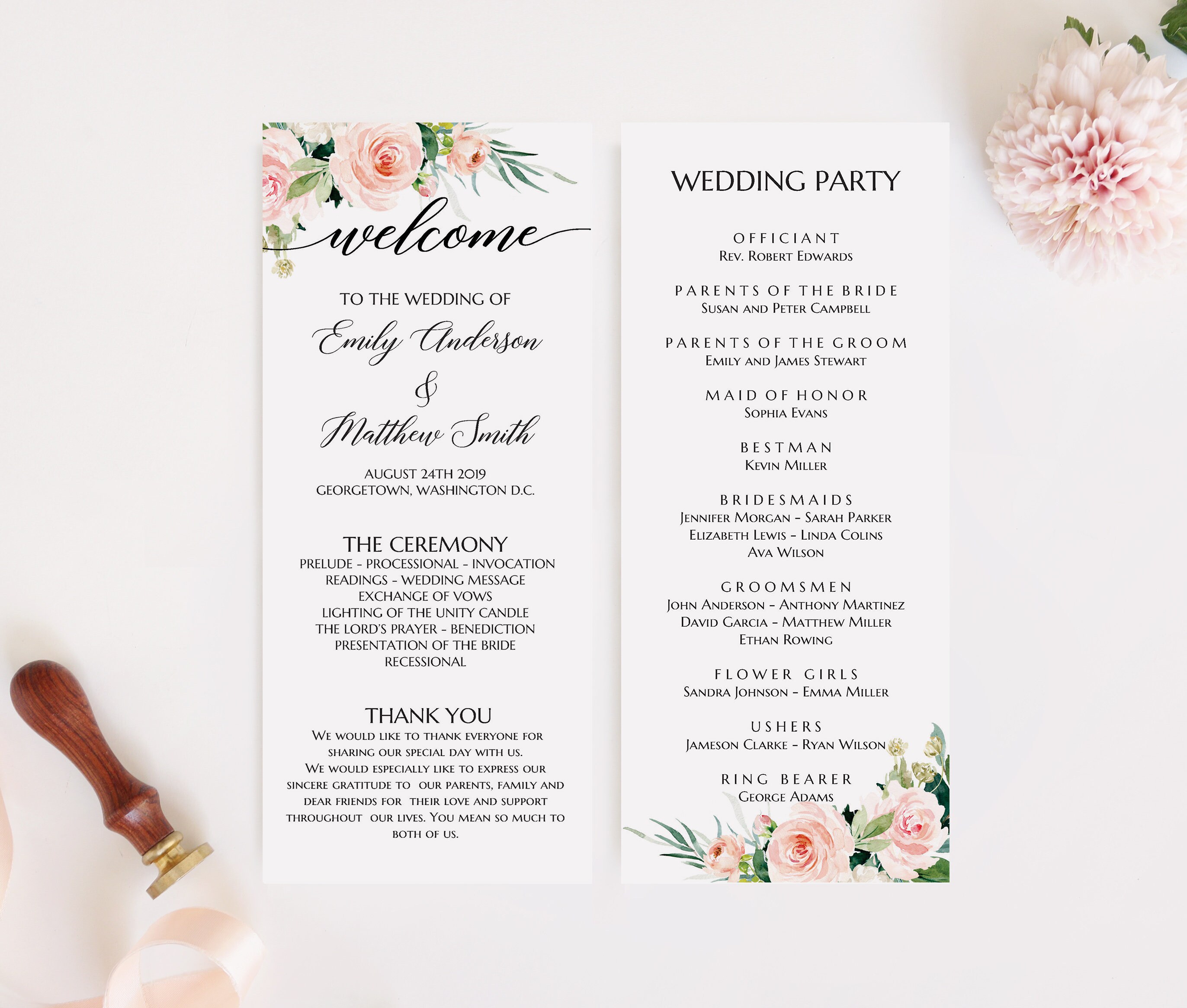 Editable Wedding Ceremony Program Template With Pink and Blush | Etsy