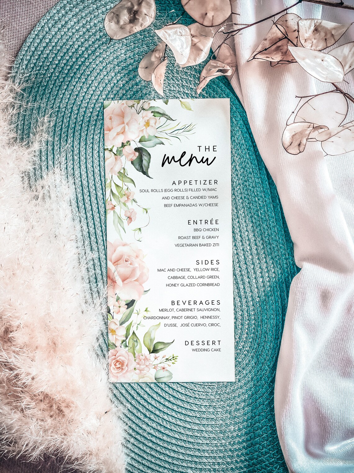 Blush Floral Menu Card Template Wedding Menu Template Floral - Etsy
