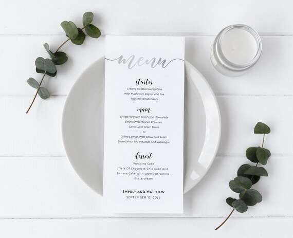Silver Menu Template Wedding Menu Card Template Silver Foil | Etsy