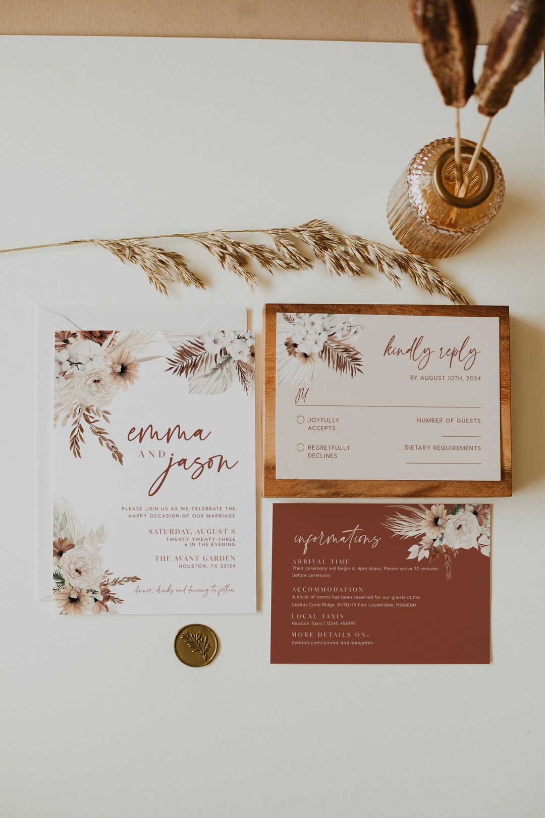 Boho Terracotta Invitation, Wedding Invitation Pampas, Terracotta ...