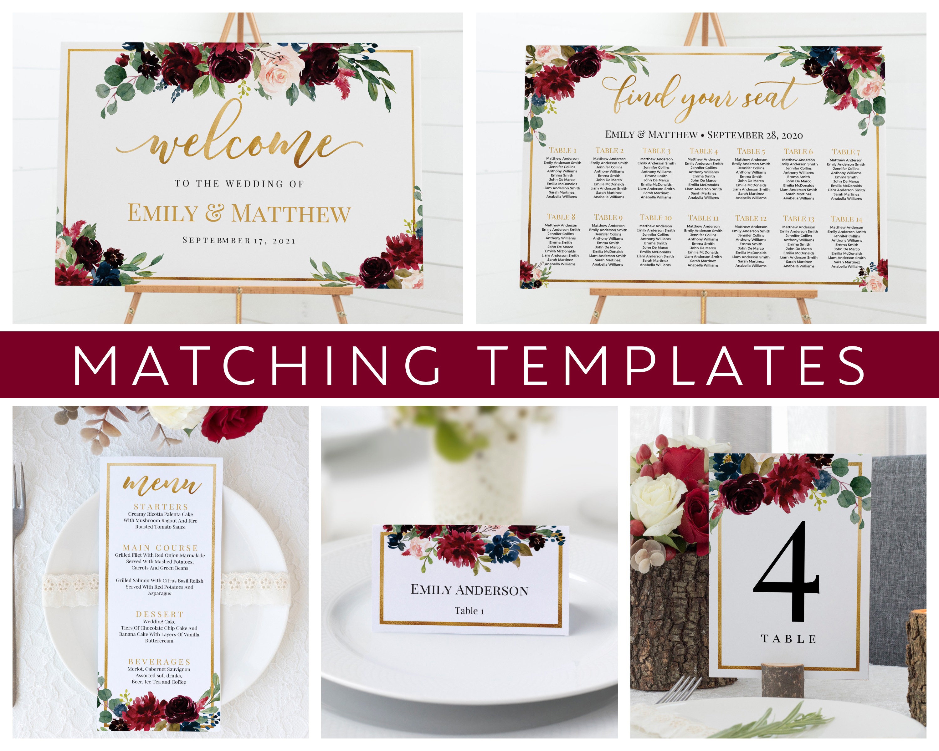Wedding Menu Template Bohemian Menu With Burgundy Flowers - Etsy