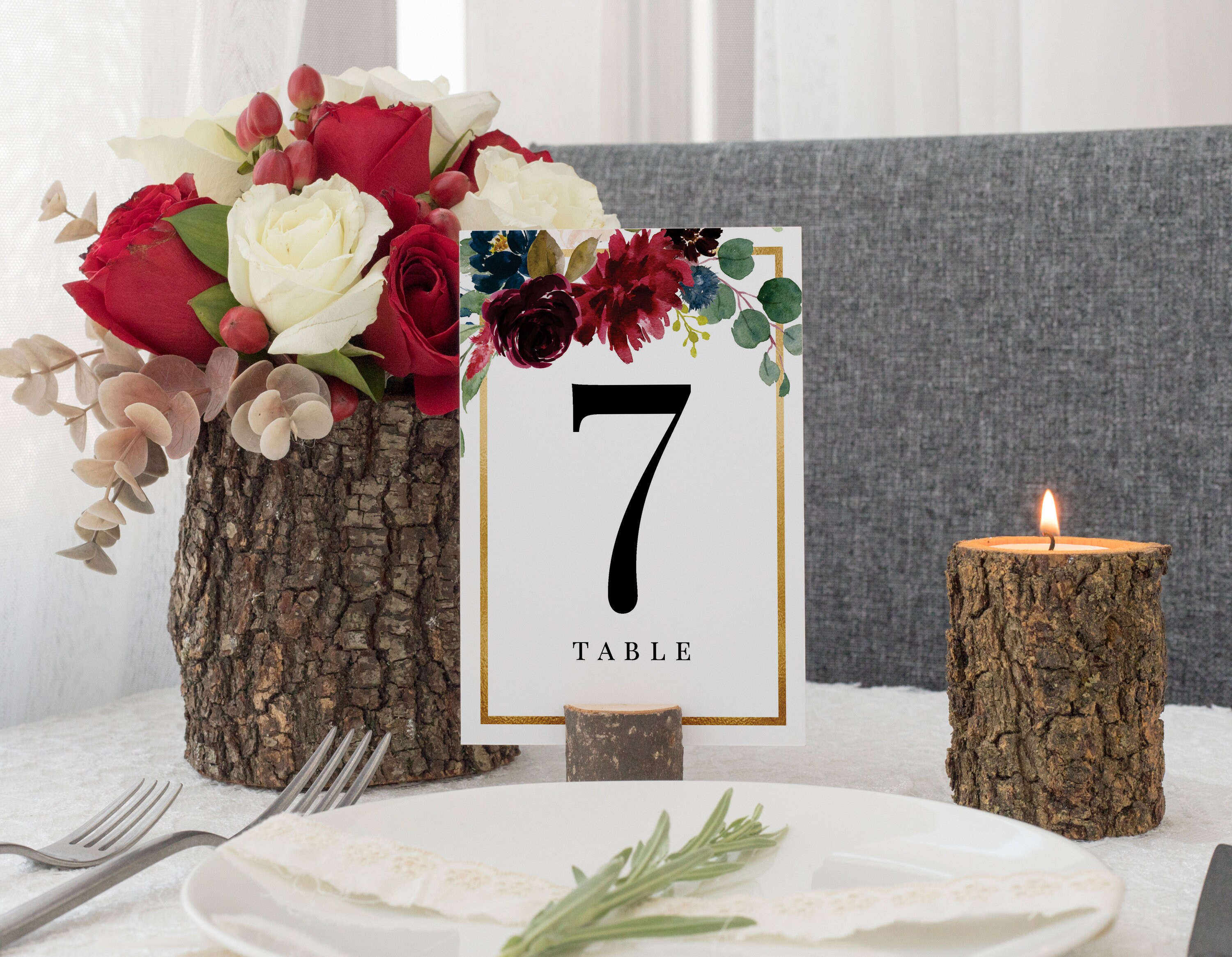 Wedding table numbers Bohemian table numbers with burgundy | Etsy