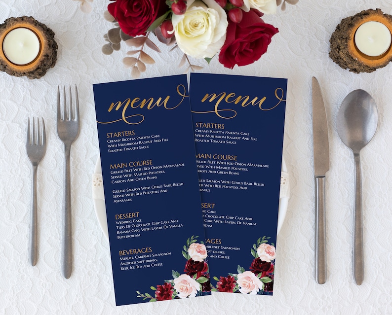 Wedding Menu Template Navy Menu Template Navy Burgundy - Etsy