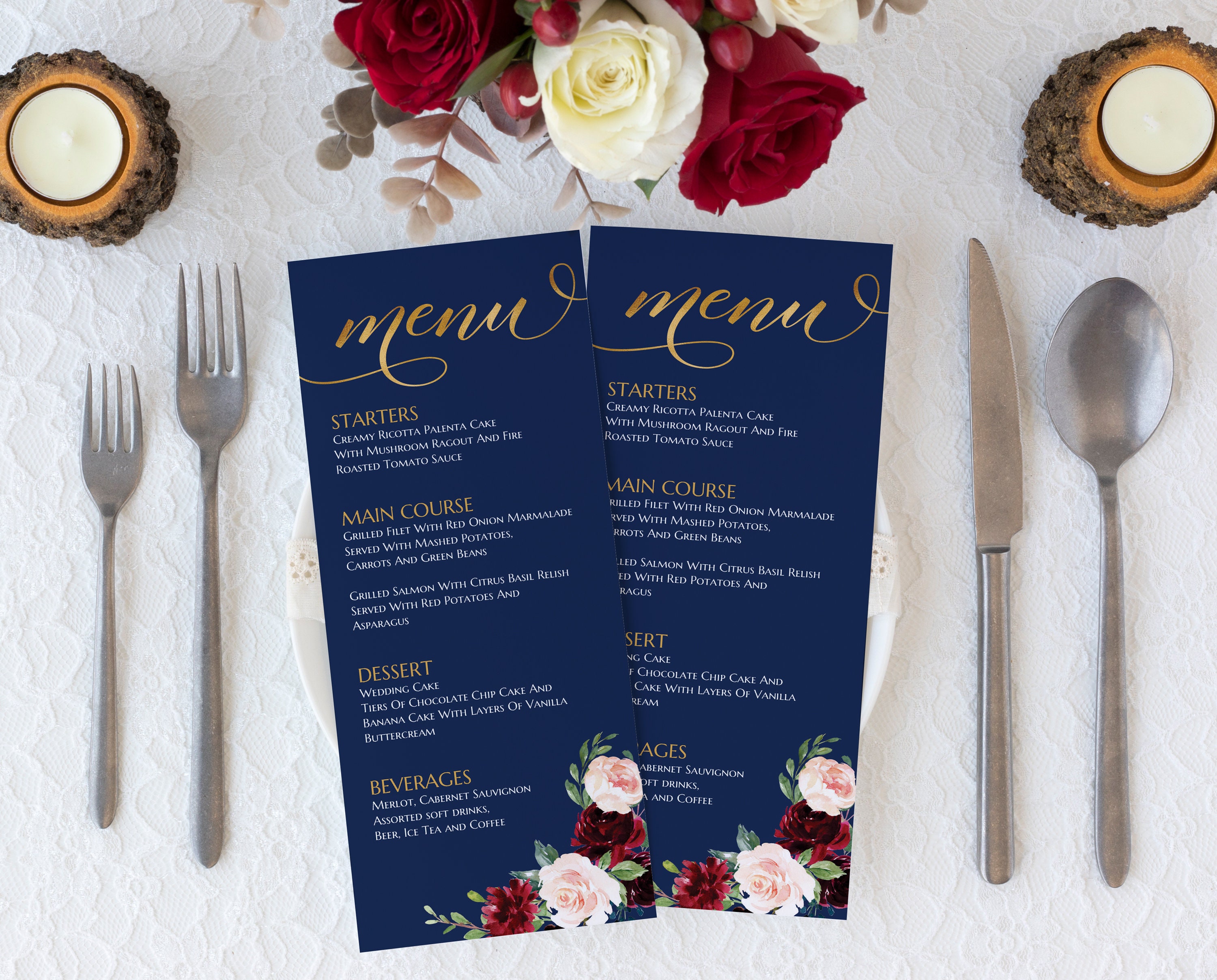 Wedding menu template Navy menu template Navy burgundy | Etsy