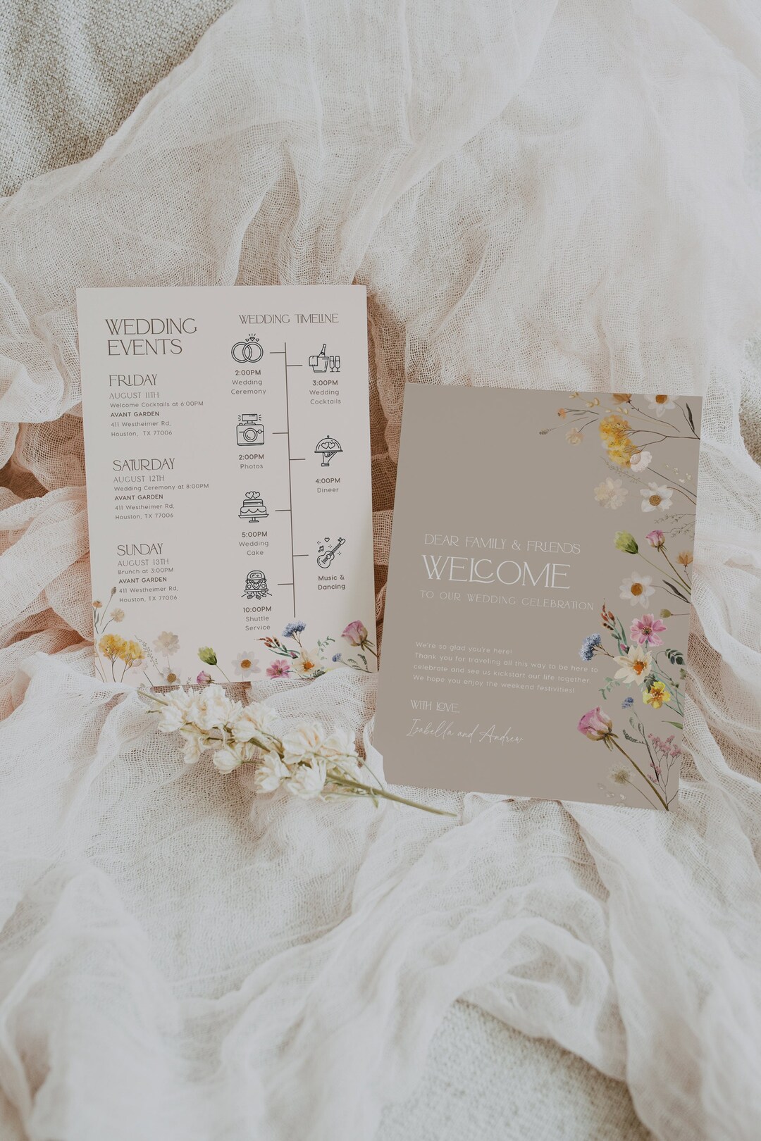 Wedding Weekend Itinerary Template, Wedding Reception Cards, Boho ...