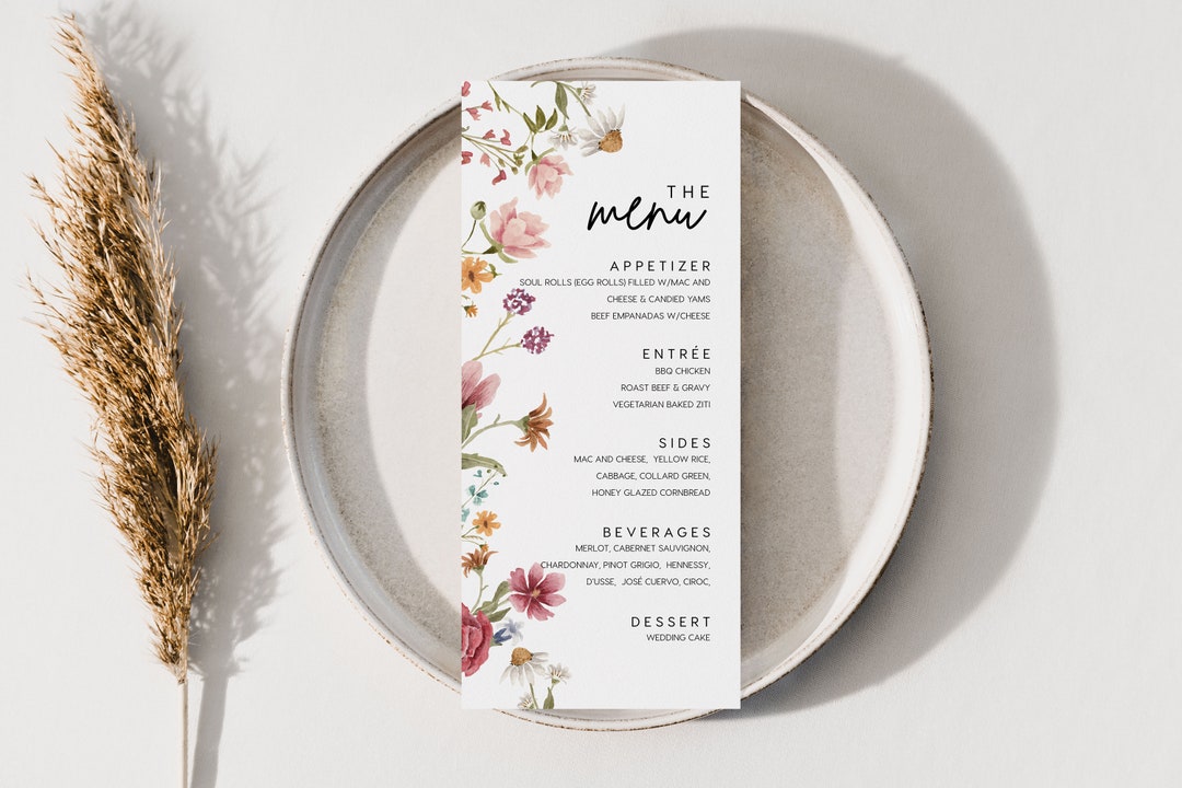Boho Menu Template, Floral Wedding Menu, Boho Wildflower Menu Card ...