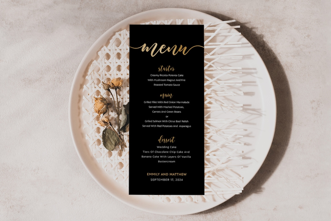 Black and Gold Menu Template, Wedding Menu Template, Menu Cards Black ...