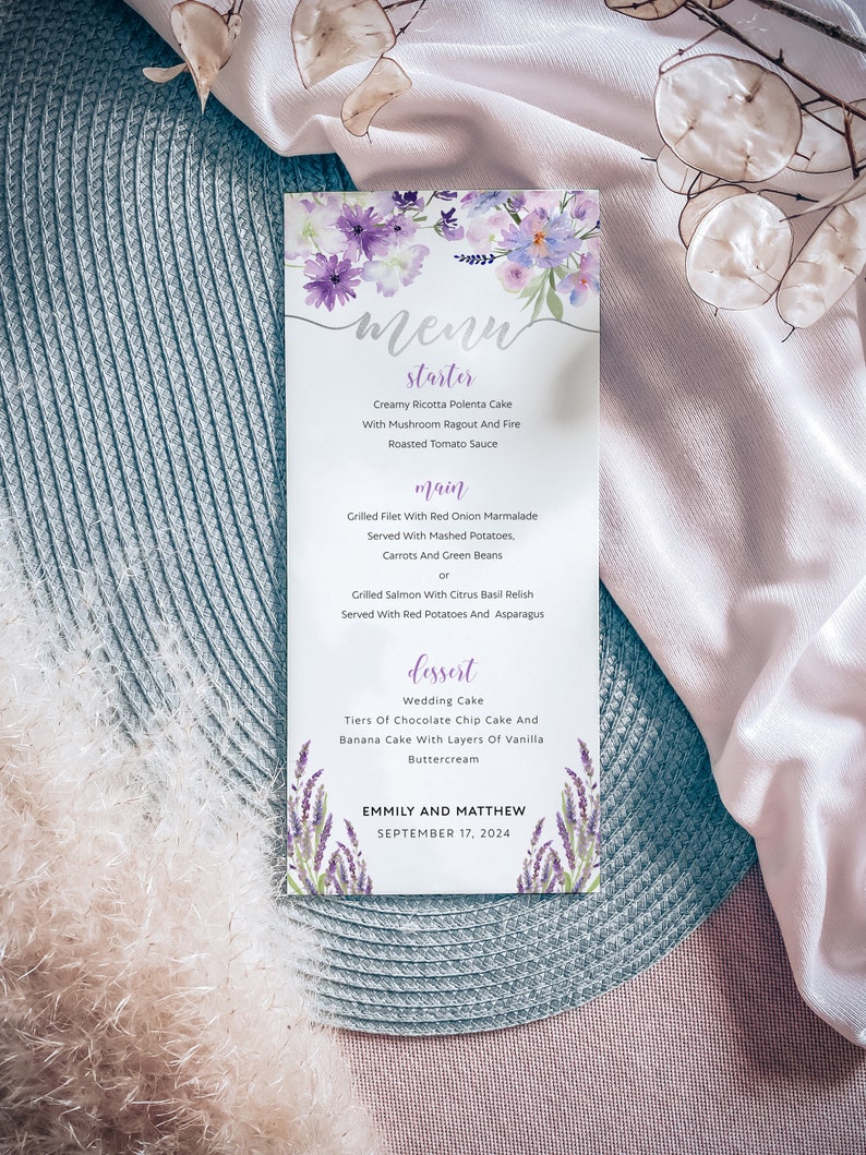 Lavender Menu Template Lavender Purple and Silver Wedding - Etsy