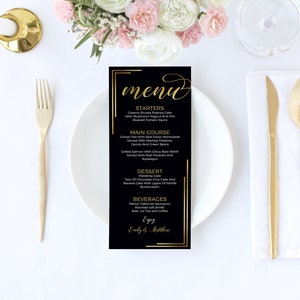 Menu Card Template Black and Gold, Wedding Menu Template, Black and ...