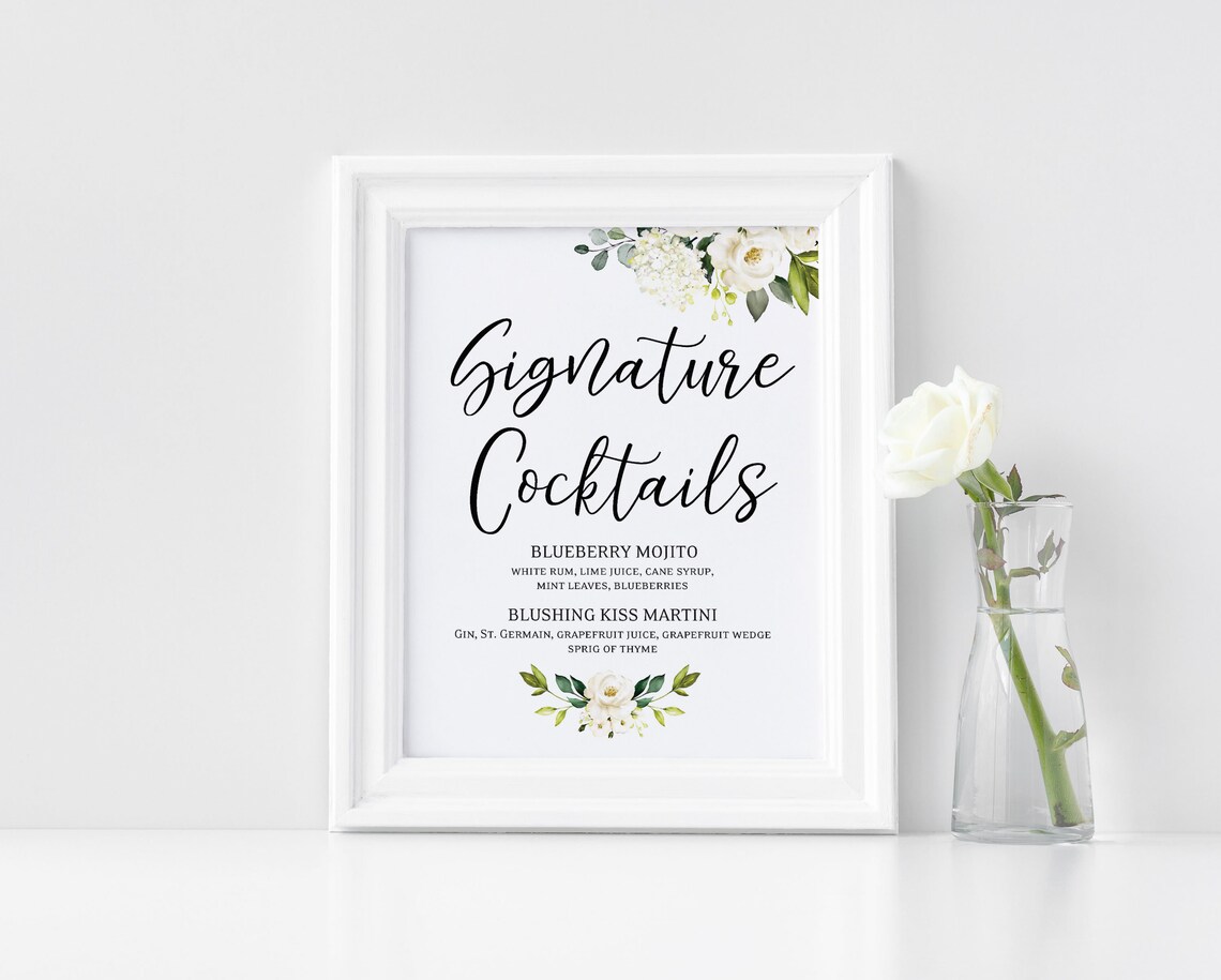 Signature Cocktails Wedding Sign Template Floral Wedding Sign - Etsy