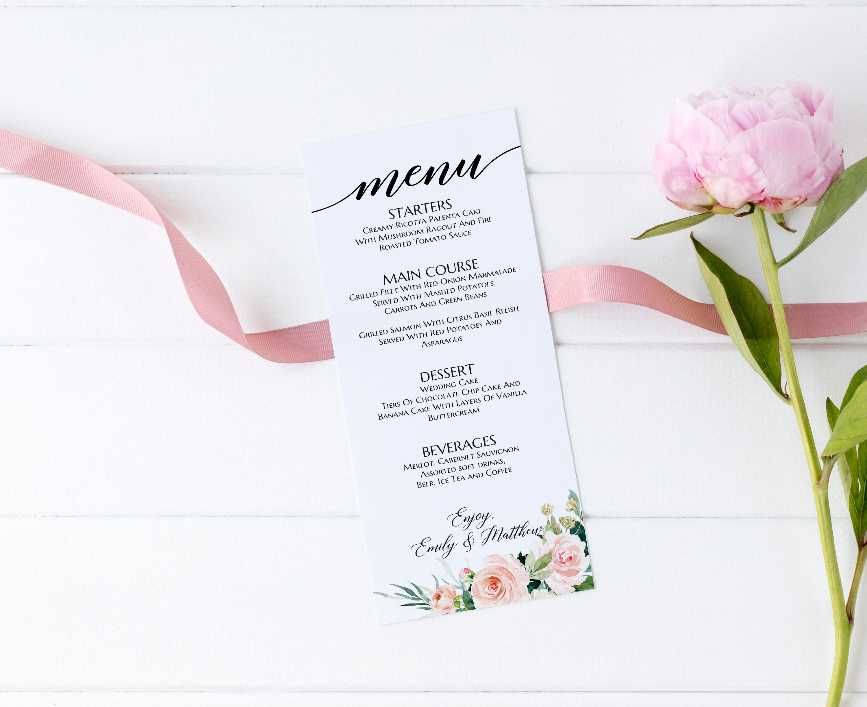 Menu Template With Greenery and Pink and Blush Flowers Menu - Etsy