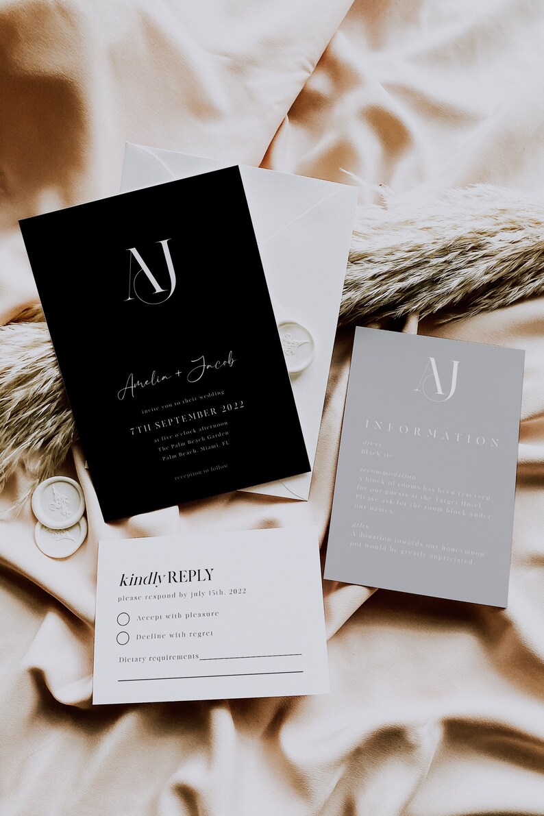 Black Wedding Invitation Suite Elegant Wedding Invitation Set | Etsy
