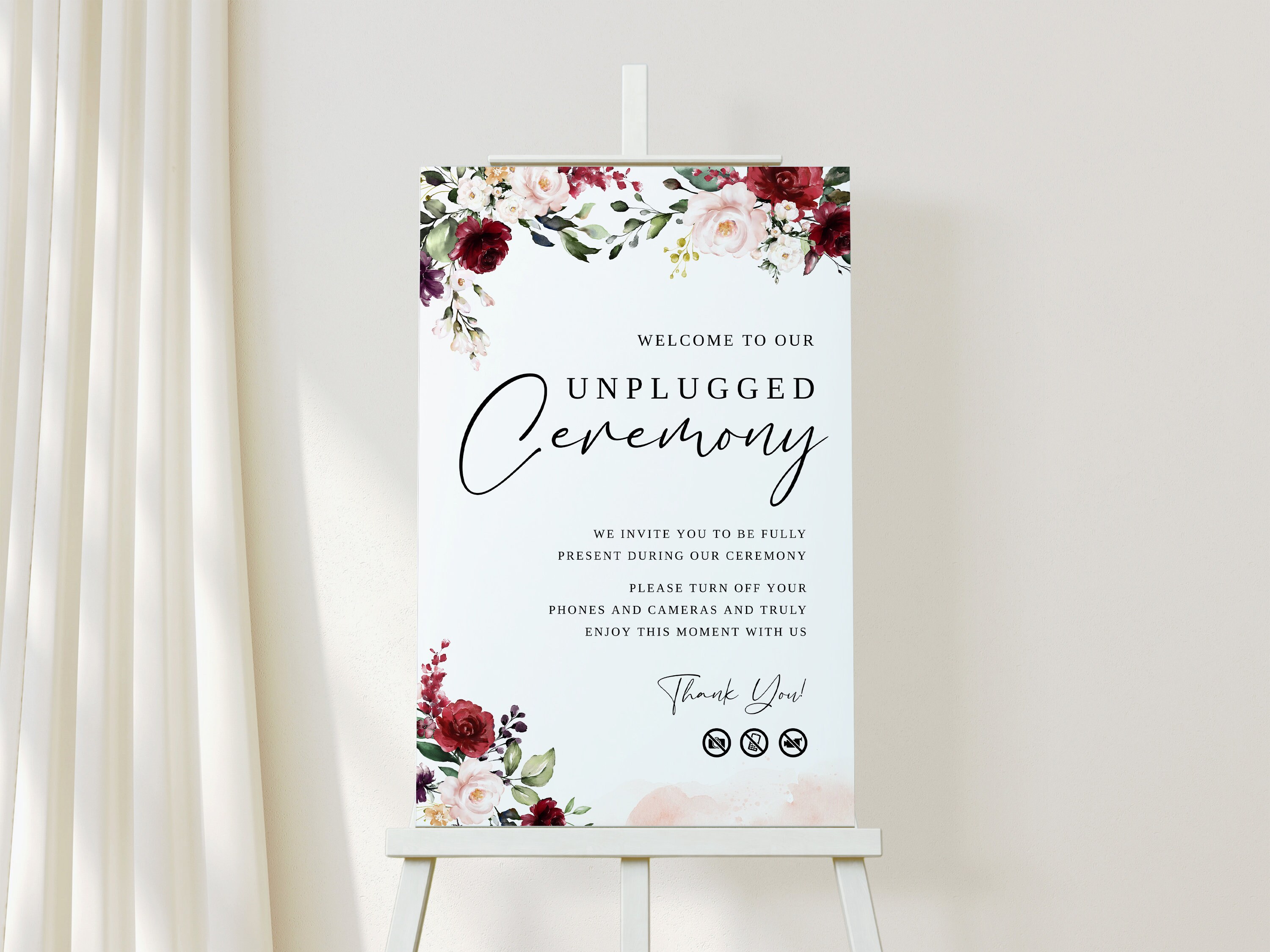 Unplugged Ceremony Sign Wedding Unplugged Sign Burgundy - Etsy