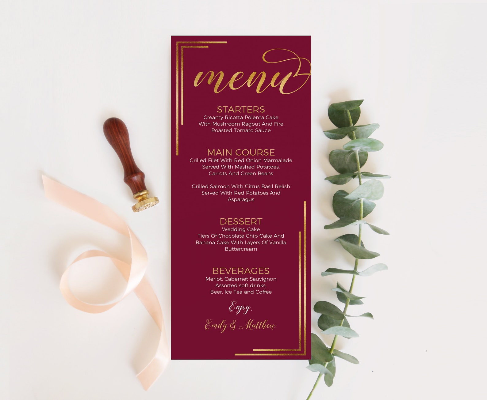 Burgundy Menu Template Burgundy and Gold Menu Wedding Menu - Etsy