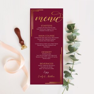 Burgundy Menu Template, Burgundy and Gold Menu, Wedding Menu, Menu Card ...
