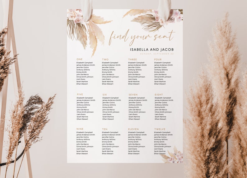 Wedding bundle Pampas Grass templates Seating chart Welcome | Etsy