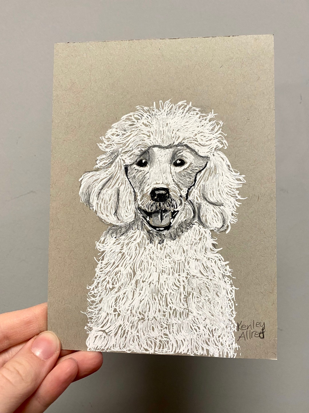 Original Art Small Poodle Dog Ink Drawing Artwork on Gray Toned Paper ...