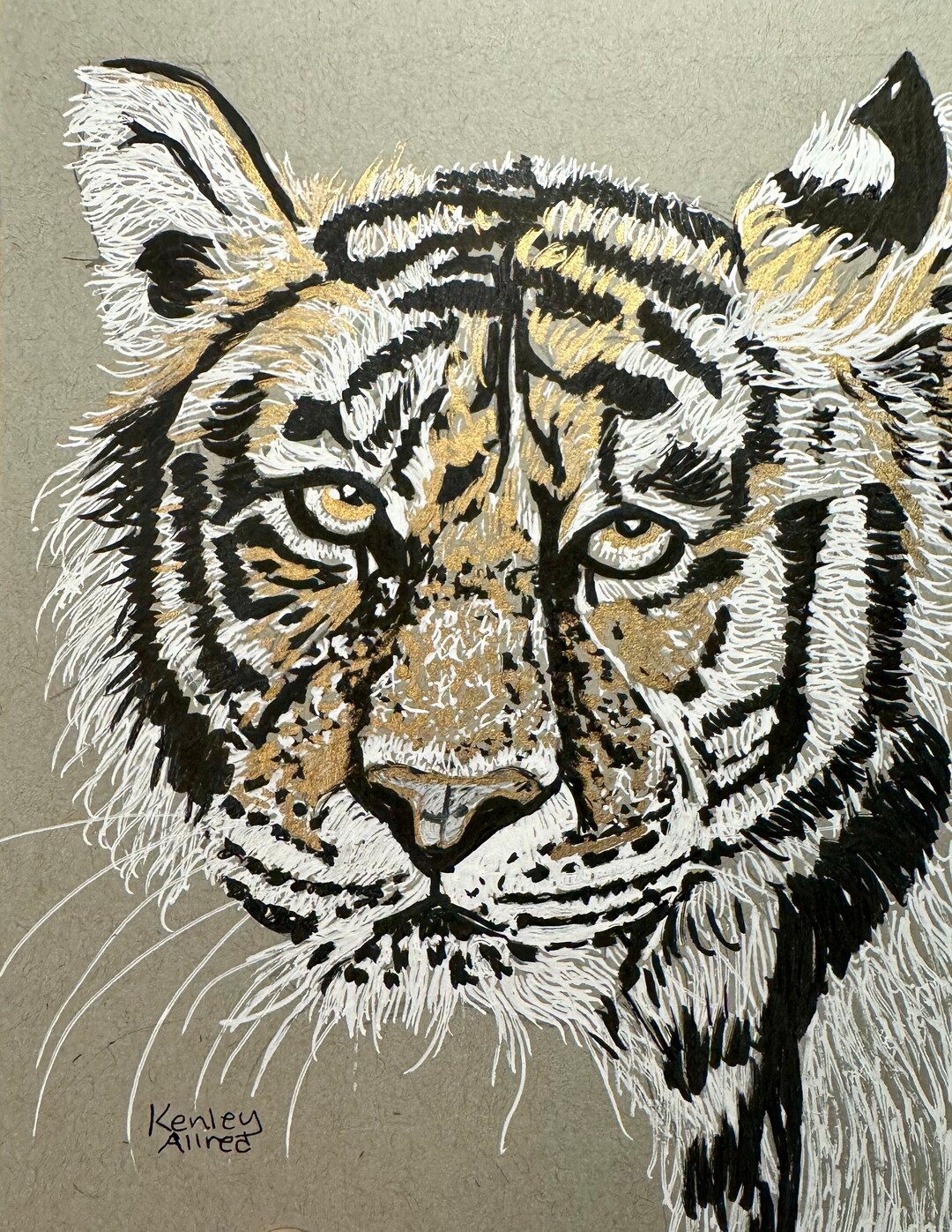 Original Art Tiger Ink Drawing + Gold Paint Size 6”x8” Animal Artwork ...