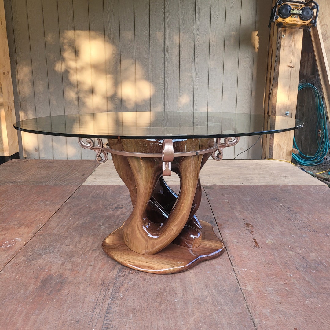 Artistic Handmade Black Walnut Tree Stump Table W/ Glass Top ...