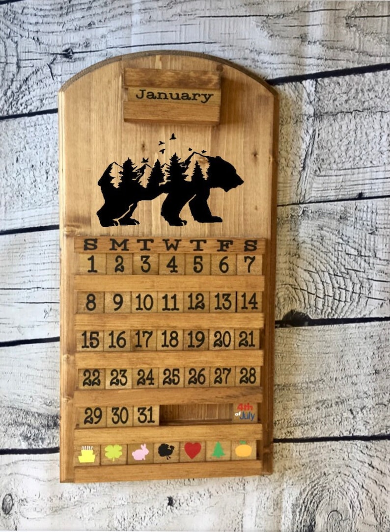 Bear Calendar, Mountain Calendar, Perpetual Calendar, Wooden Calendar ...