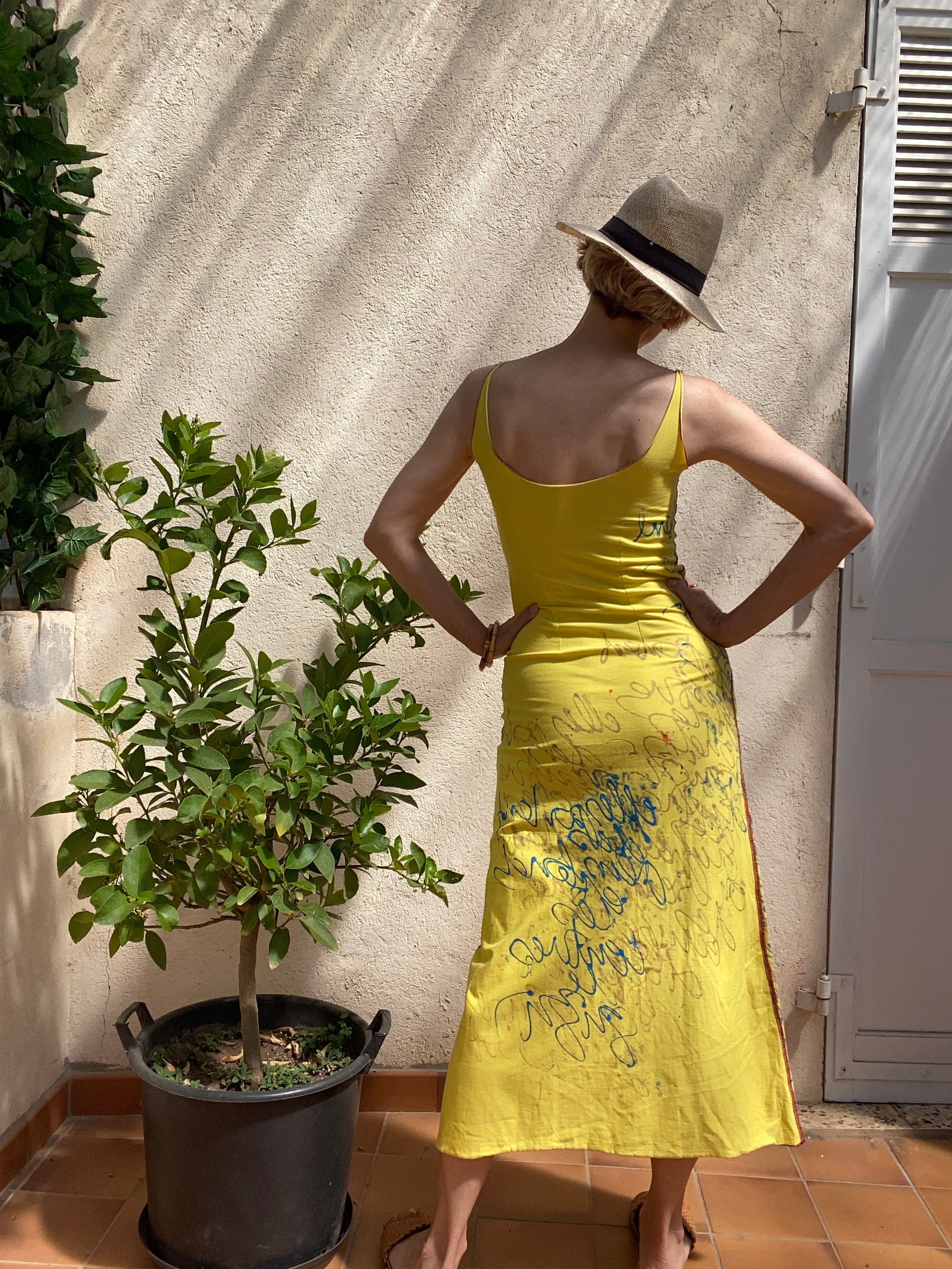 Y2K Vibrant Yellow Vintage Designer Dress Hand Painted Signed - Etsy