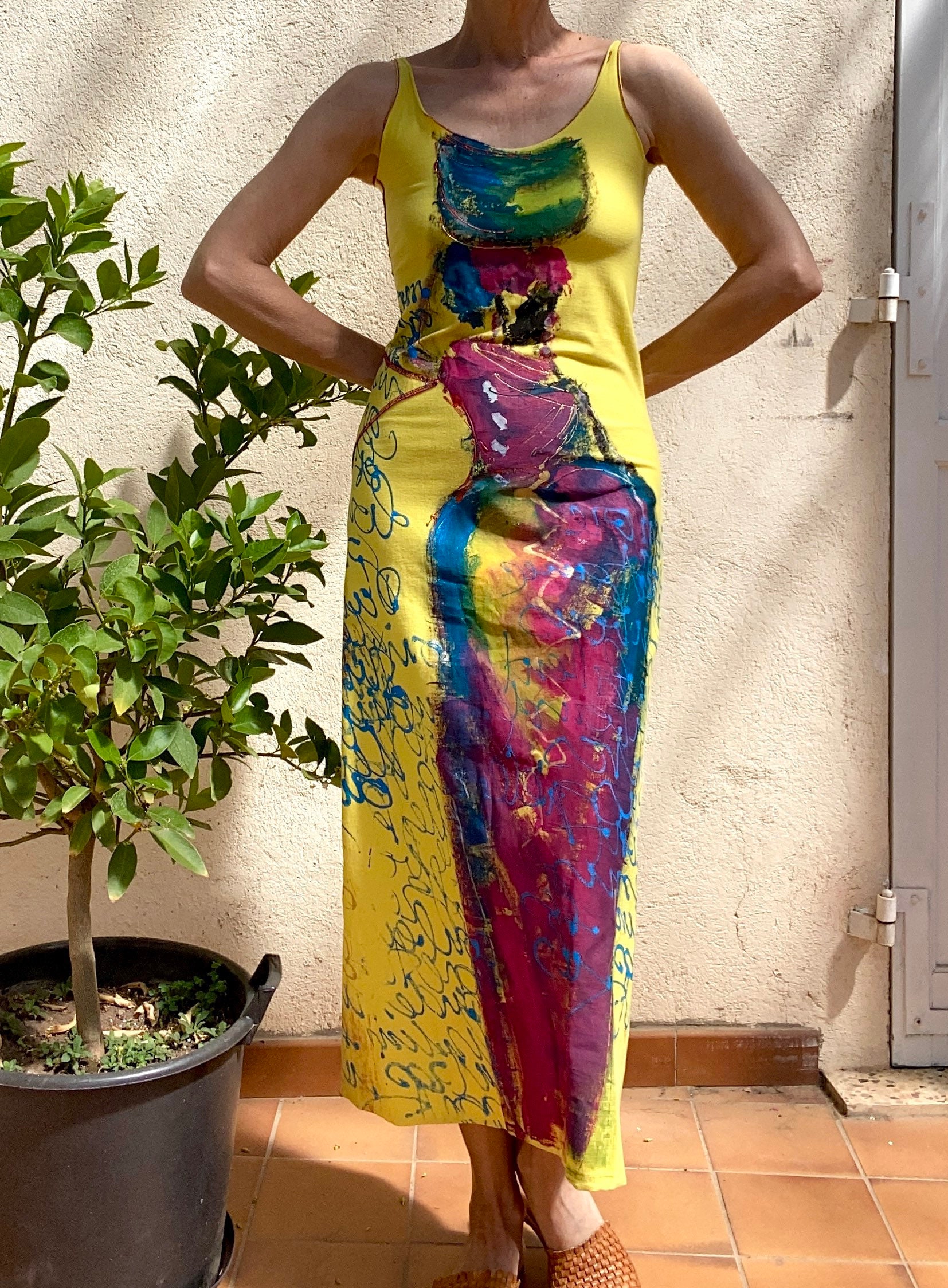 Y2K Vibrant Yellow Vintage Designer Dress Hand Painted Signed - Etsy