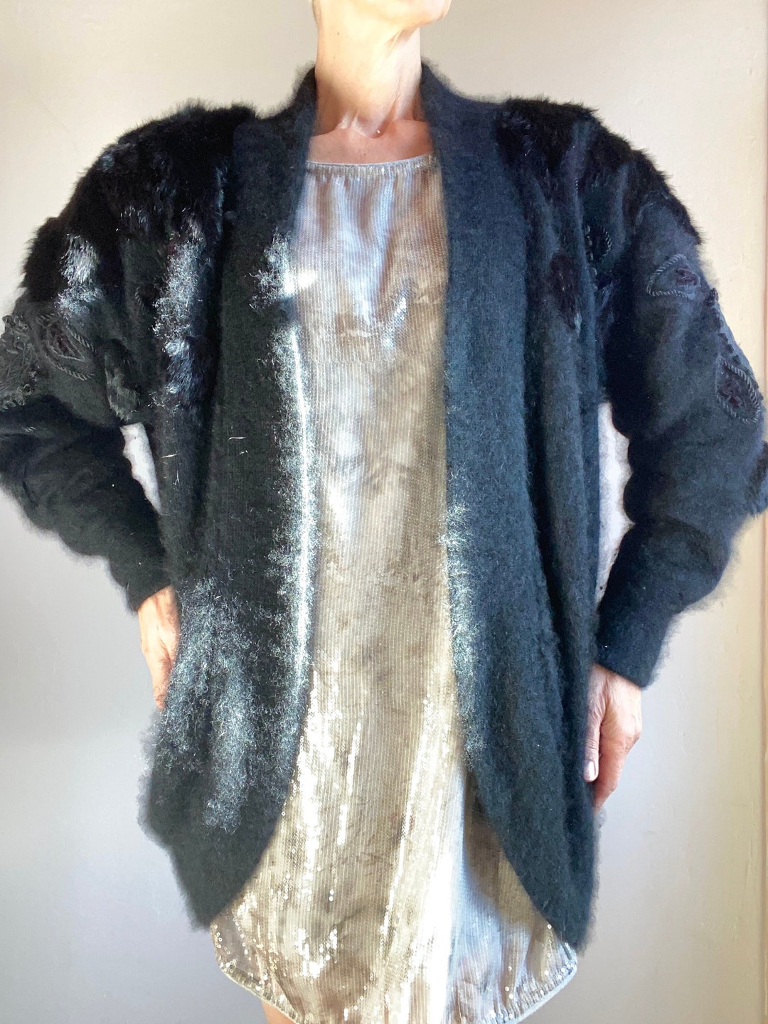 90s Angora Cardigan Brodé french label Melyna Style Fourrure et ...