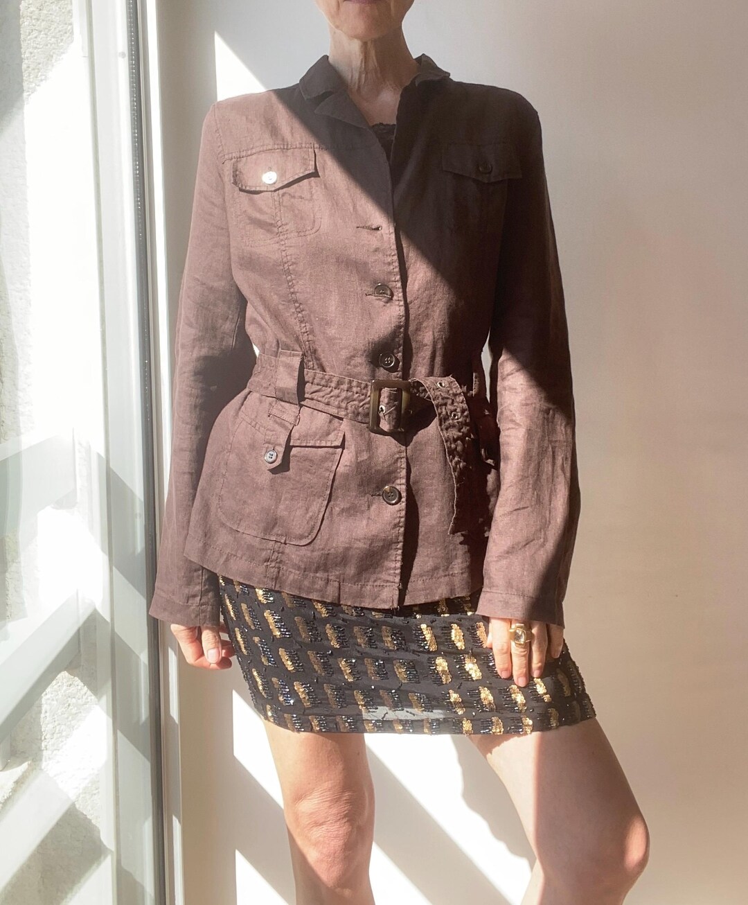 90s Beautiful Linen Safari Jacket Pockets and Belt Mocha Brown Elegant ...
