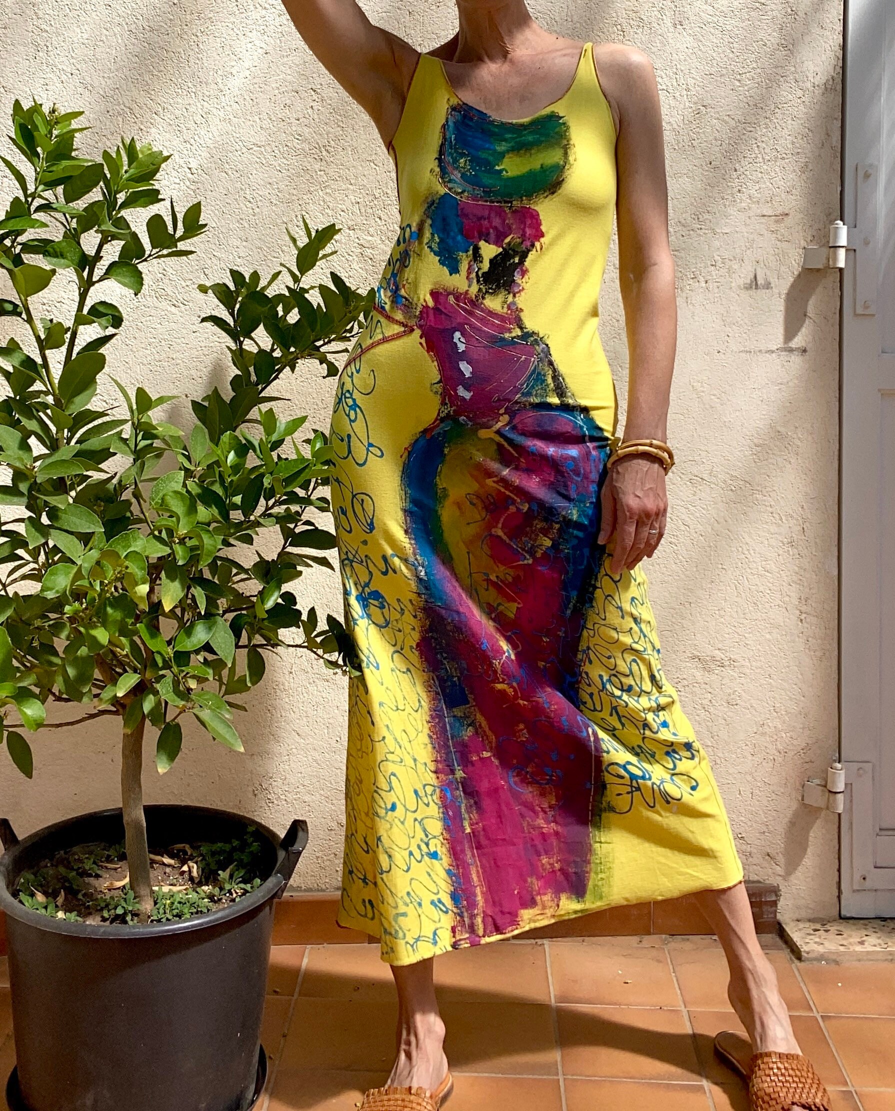 Y2K Vibrant Yellow Vintage Designer Dress Hand Painted Signed - Etsy