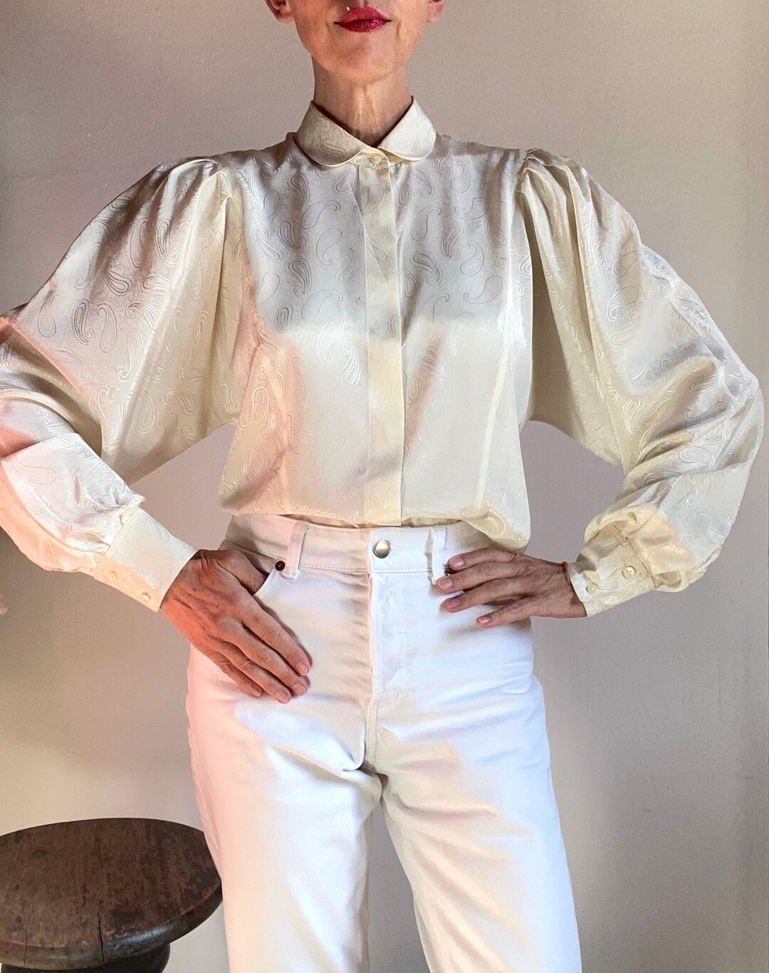 80s Made in France French Boutique Blouse Shirt Blouse Satin Puff gigot ...