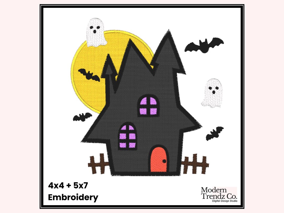 Haunted House Embroidery Design, Haunted House Embroidery, Halloween ...