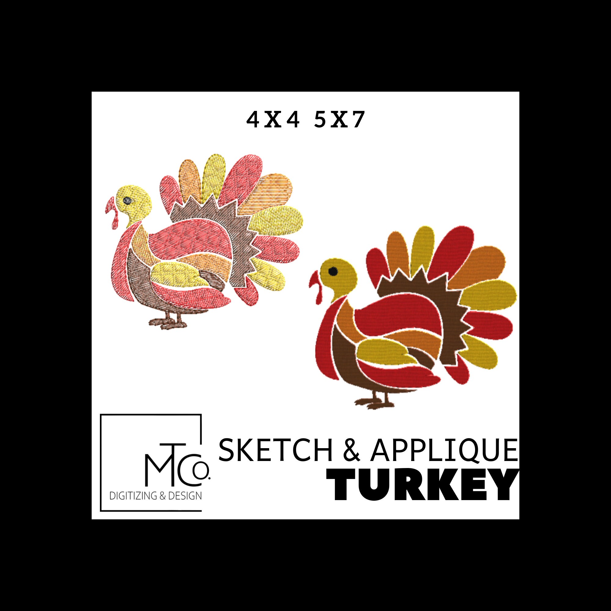 Cute Thanksgiving Turkey Applique Design 4x4 5x7 6x10 Sketch | Etsy