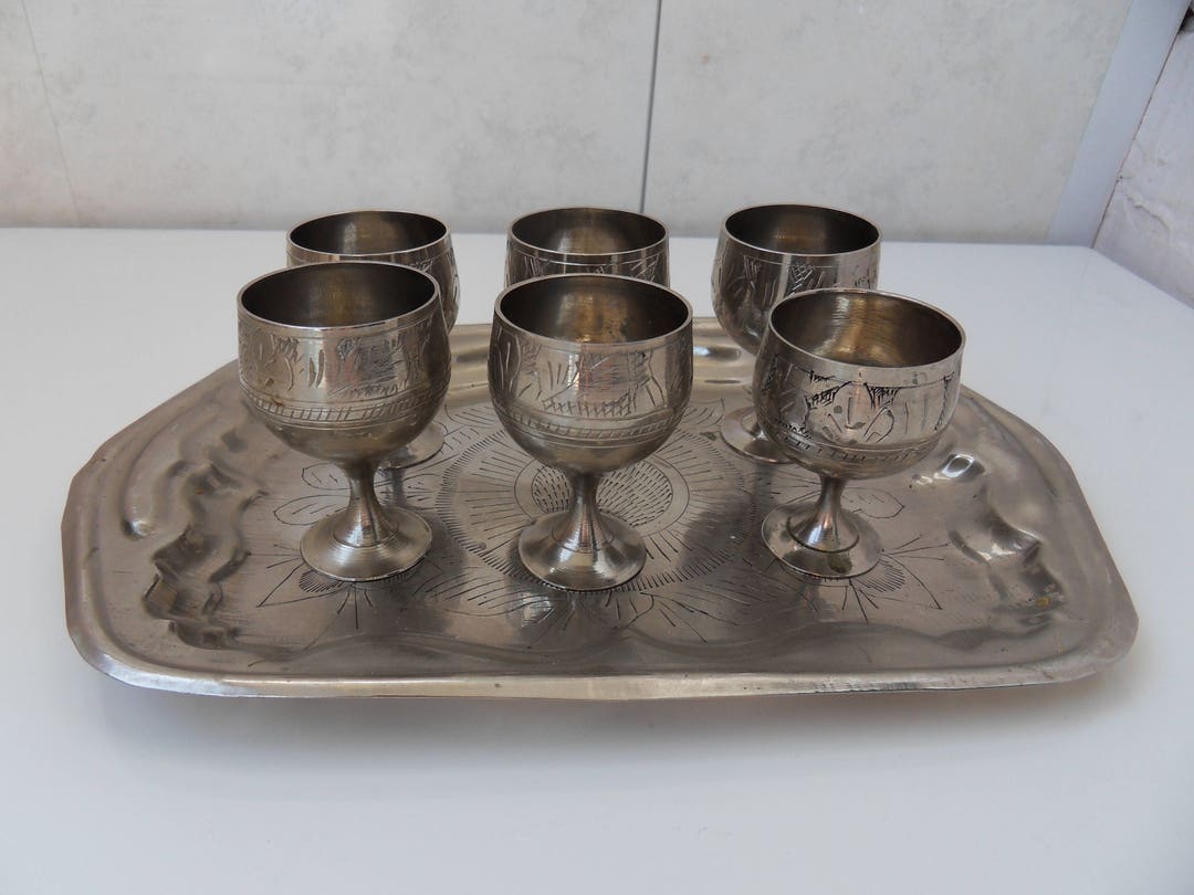 Six heavy Metal Miniature Goblets Tray.vintage - Etsy