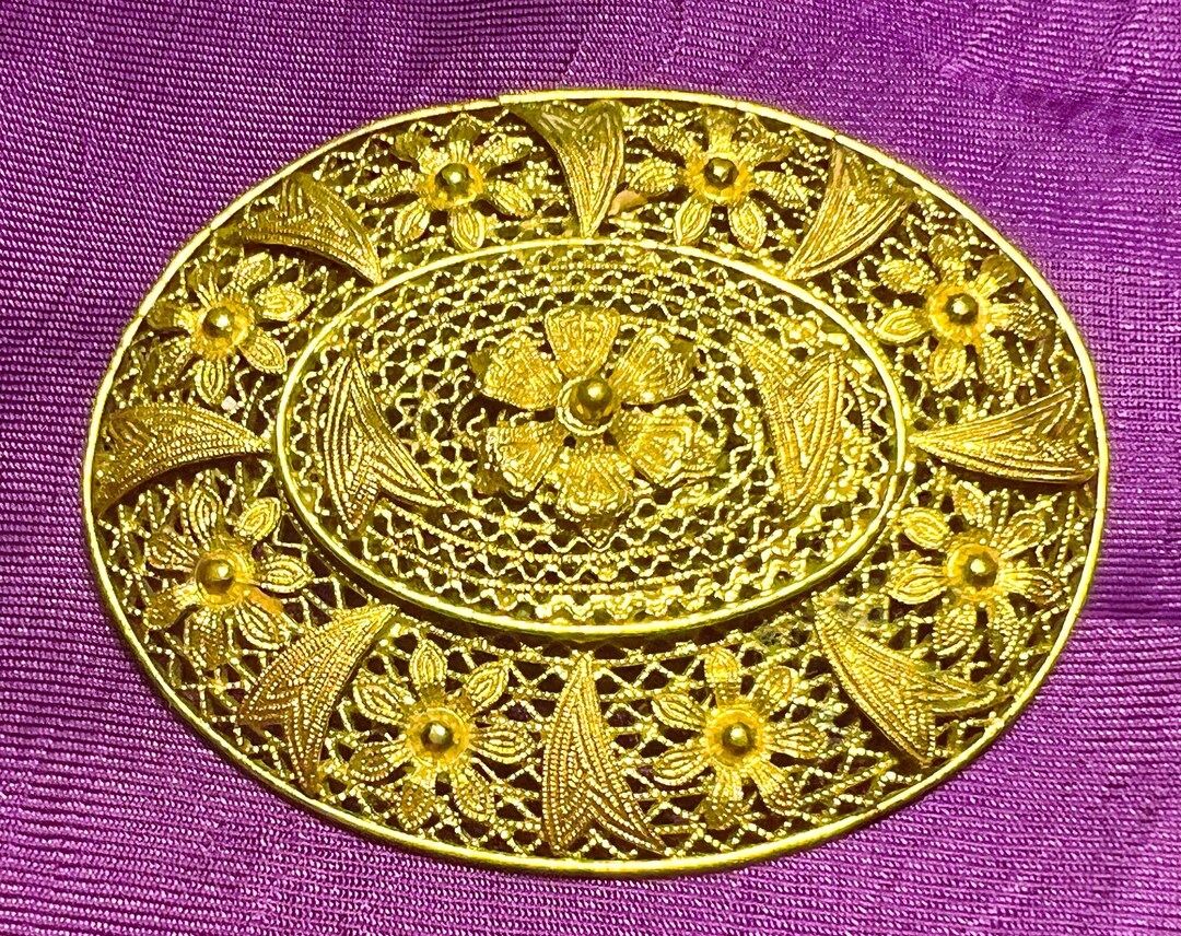 1930S Vintage Gilt Filigree Georgian Style Large Oval Brooch With ...