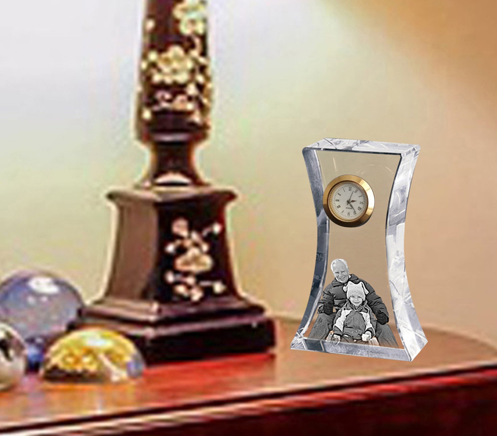 Laser Engraved Crystal Clock With Photo, Custom Crystal Desk Clock ...