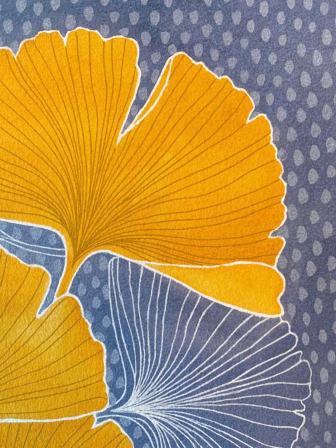 Ginkgo Leaf Print - Yellow and Blue/grey, Gouache Leaves, Multiple ...