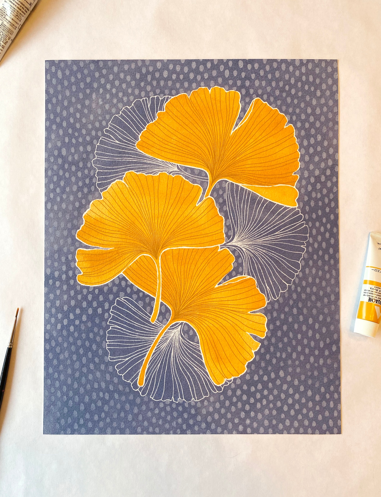 Ginkgo Leaf Print - Yellow and Blue/grey, Gouache Leaves, Multiple ...