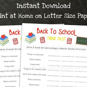 Back to School Activity Think Fast Game, First Day of School Printable ...