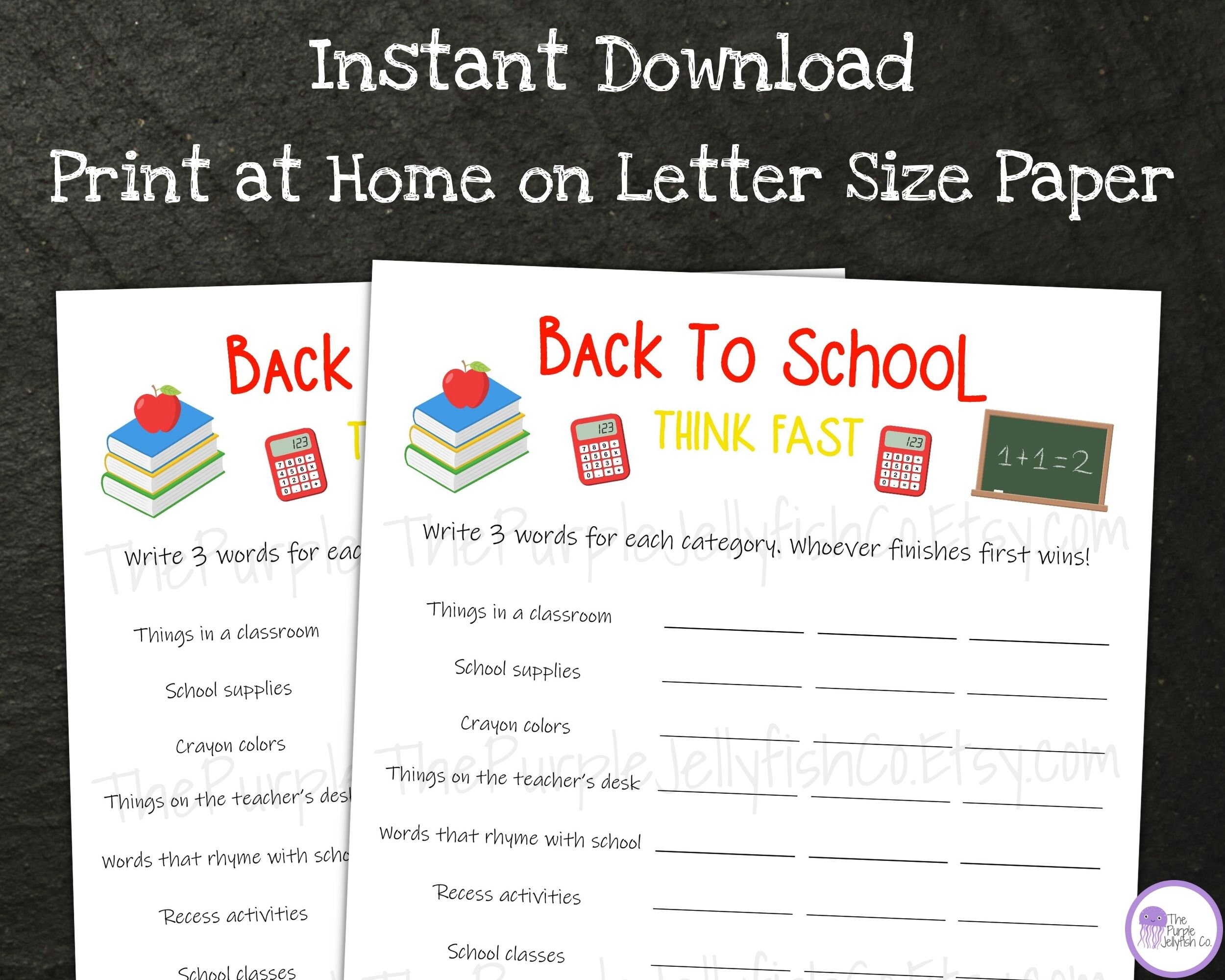Back to School Activity Think Fast Game, First Day of School Printable ...