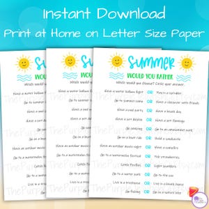Summer Would You Rather Game Printable Kids Activity, Fun Summer Party ...