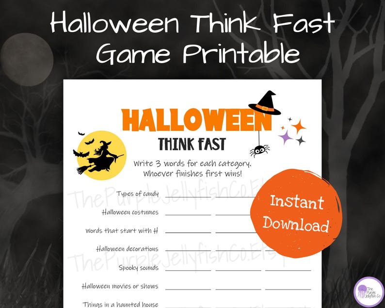 Halloween Think Fast Game Printable, Halloween Game for Kids Teens ...