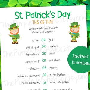 This or That St Patricks Day Game for Kids, Printable St Patricks Day ...