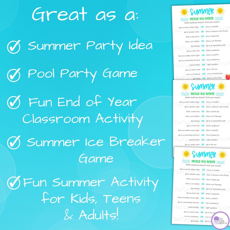 Summer Would You Rather Game Printable Kids Activity, Fun Summer Party ...