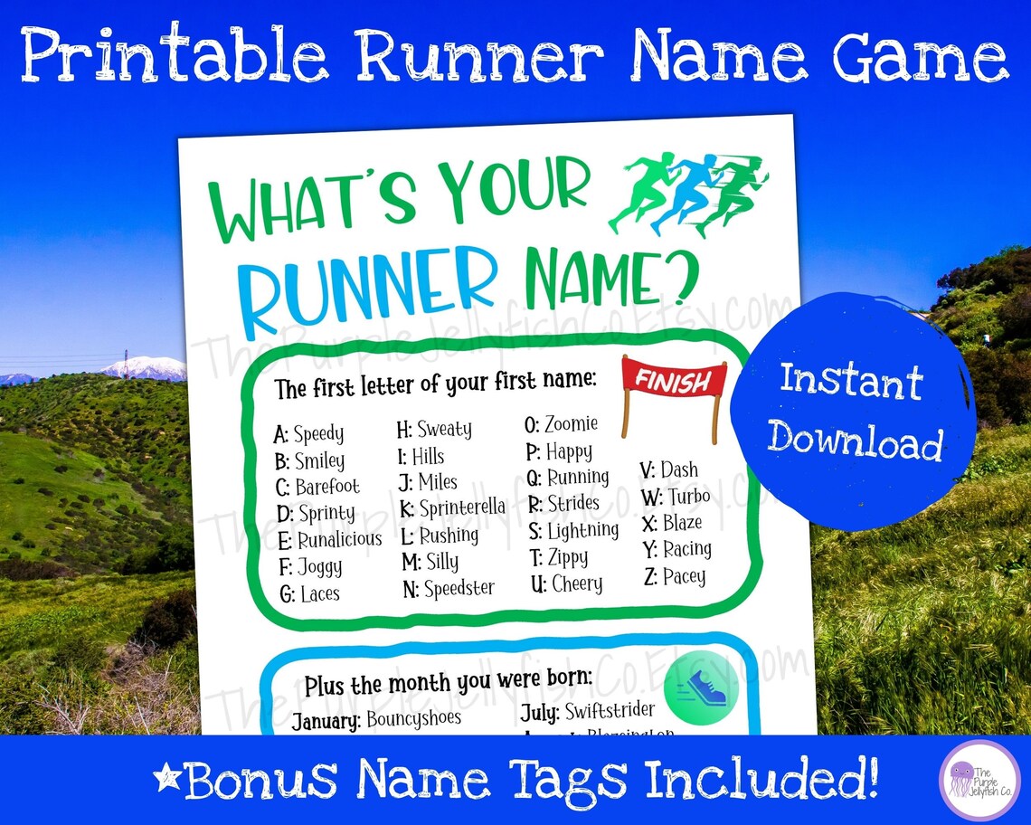 Runner Name Sign and Name Tags, Whats Your Name Game, Running Printable ...