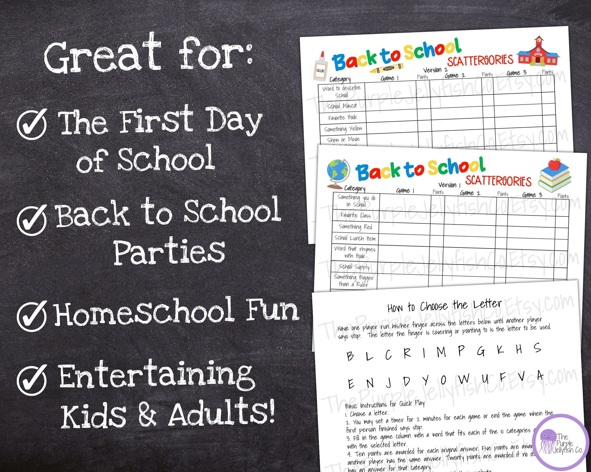 Back to School Scattergories Game Printable Kids First Day of School ...