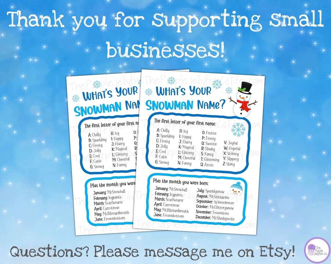 What's Your Snowman Name Game, Printable Winter Game for Kids, Snowman ...