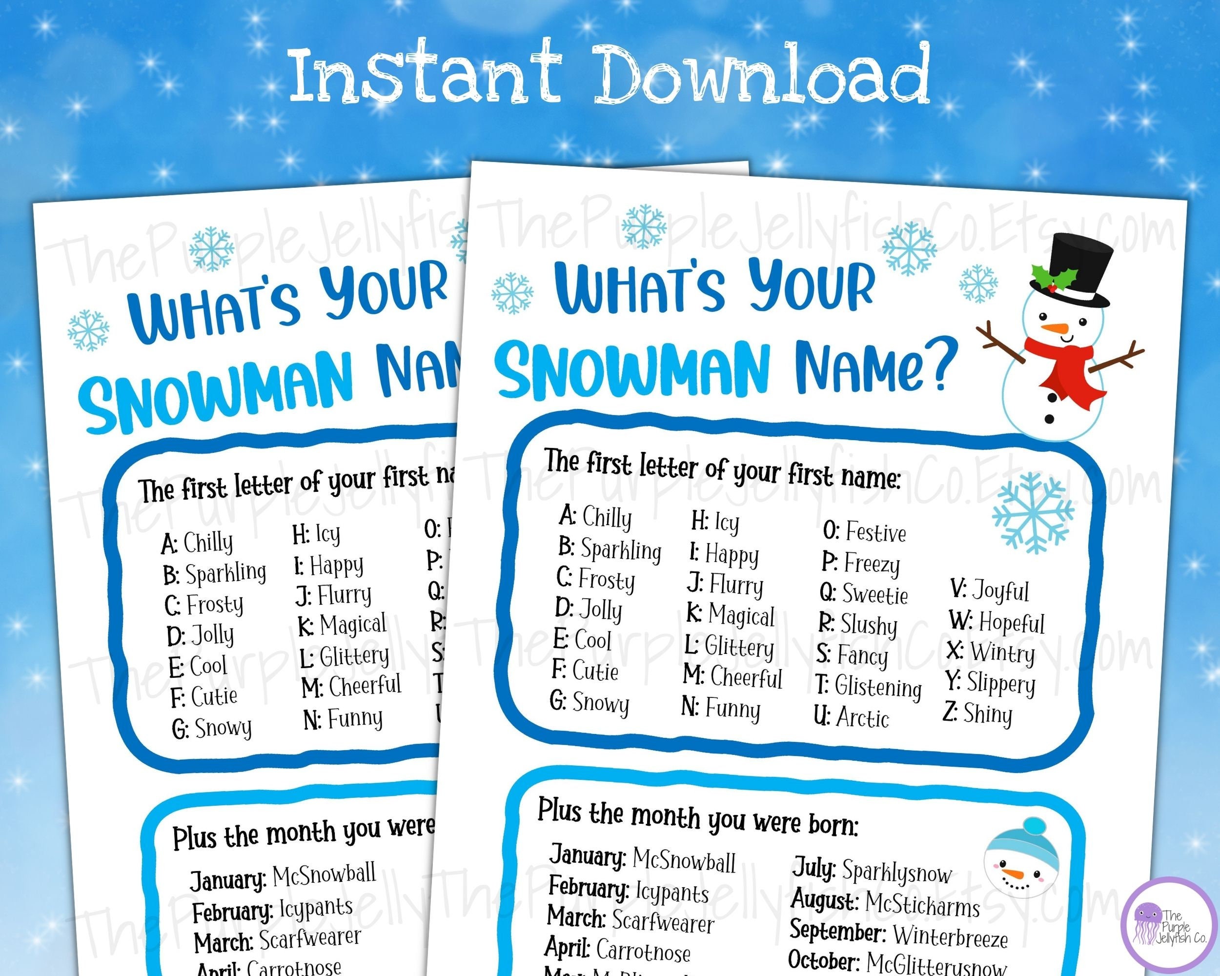 What's Your Snowman Name Game, Printable Winter Game for Kids, Snowman ...