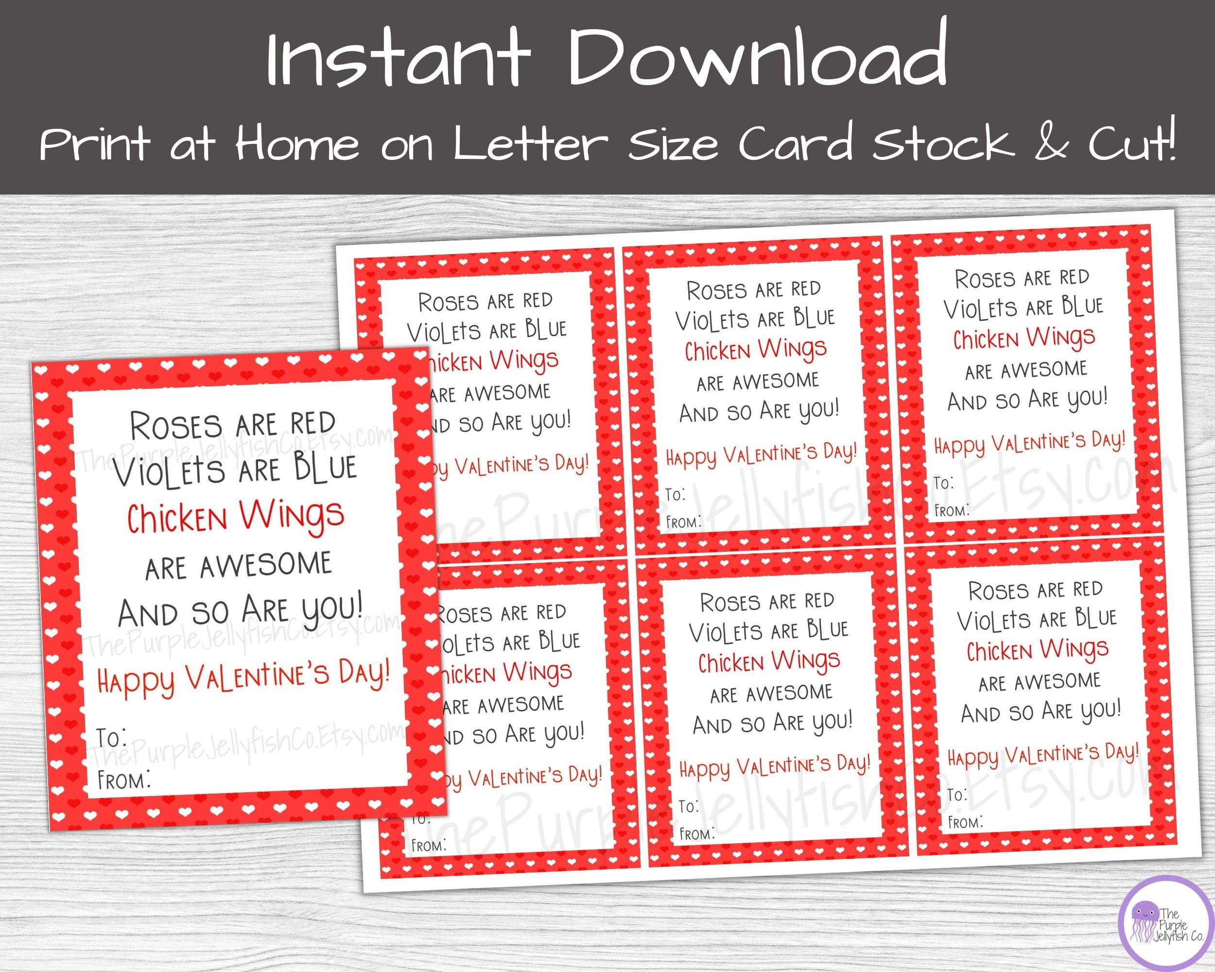Chicken Wings Valentines Day Card Printable, Valentine Gift Card for ...